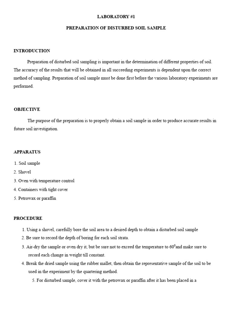 Lab 1 - Preparation of Disturbed Soil Sample | PDF | Soil | Experiment