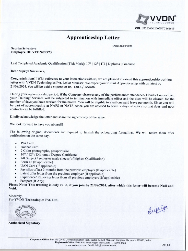 Apprenticeship Offer Letter for Supriya | PDF | Authentication ...