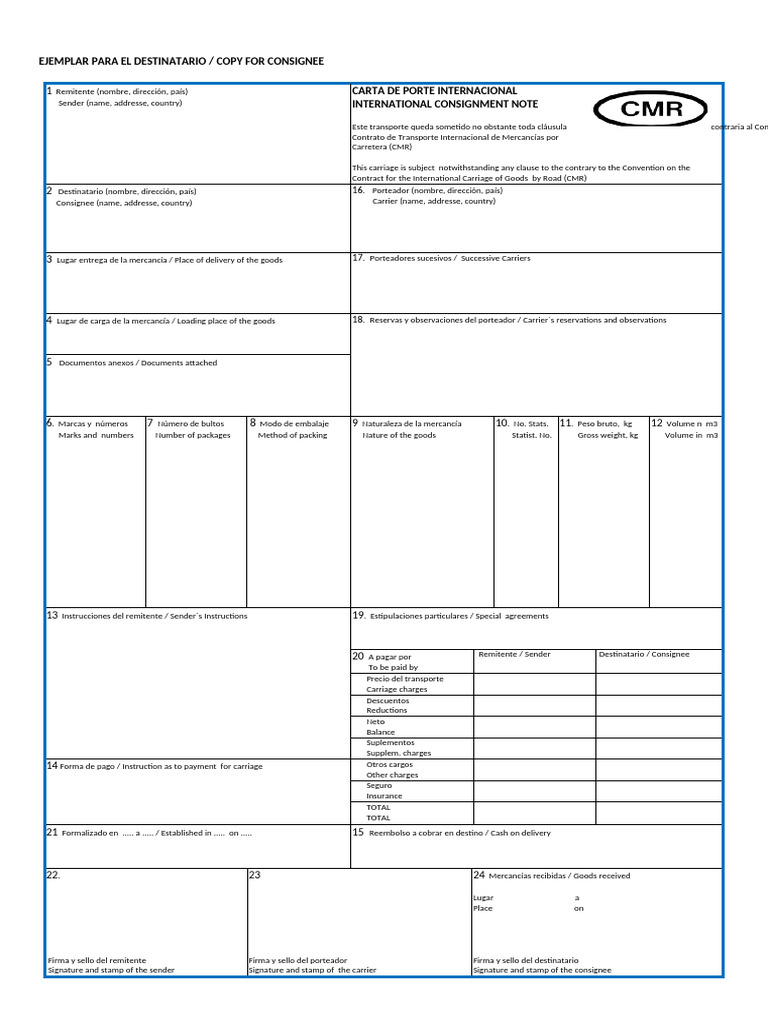 Ejemplar para El Destinatario / Copy For Consignee Carta de Porte Internacional International ...