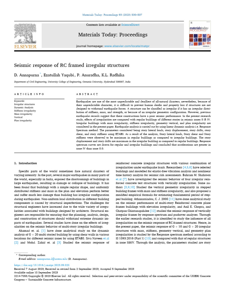 Seismic response of RC framed irregular structures | PDF | Earthquakes | Civil Engineering
