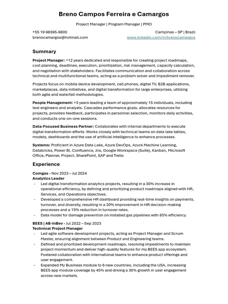 Breno Camargos Resume PJM | PDF | Microsoft Azure | Scrum (Software Development)