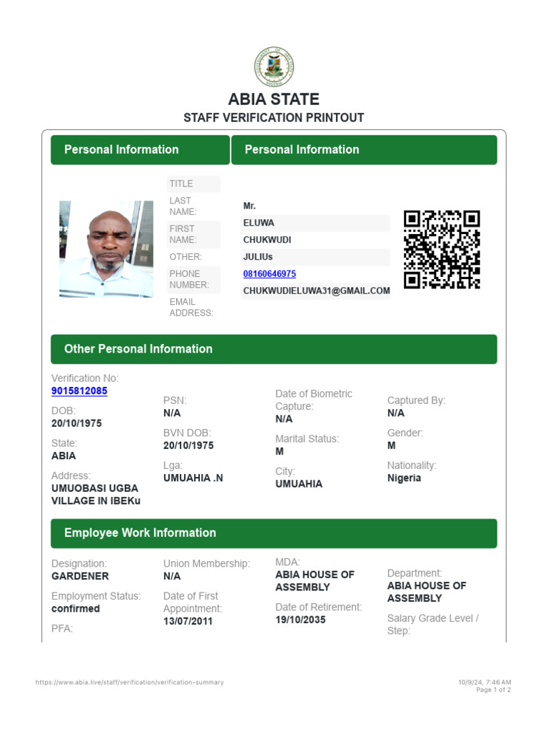 Abia State Staff Verification Printout | PDF