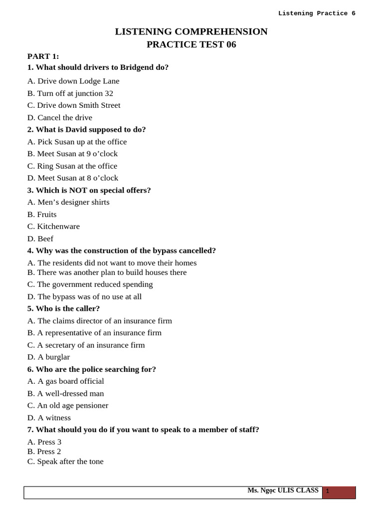 Listening Comprehension Practice Test 6 | PDF