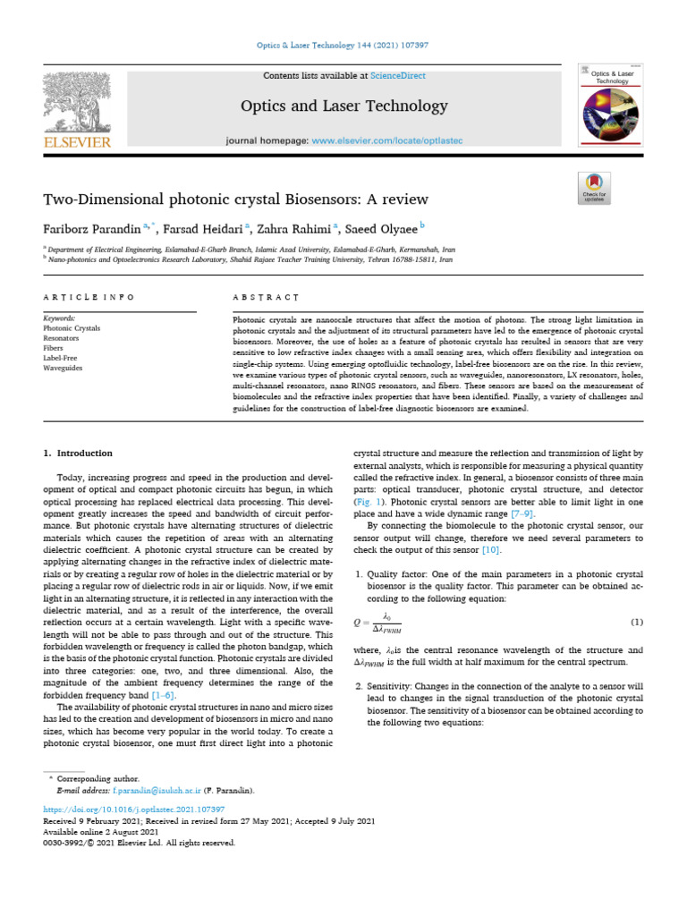 2D Photonic Crystal Biosensors Review | PDF | Biosensor | Photonics