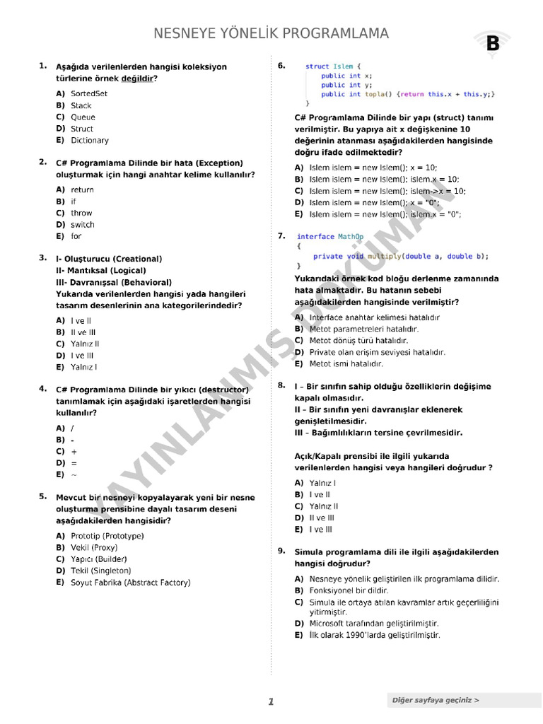 Nesneye Yönelik Programlama 2022-2023 Güz Bütünleme Sınavı | PDF