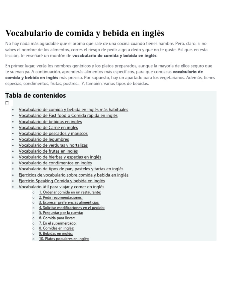 Vocabulario de Comida y Bebida en Inglés | PDF | Alimentos | Panes