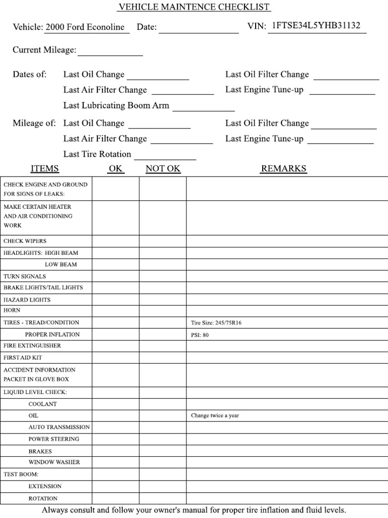 Vehicle Maintence Checklist | PDF