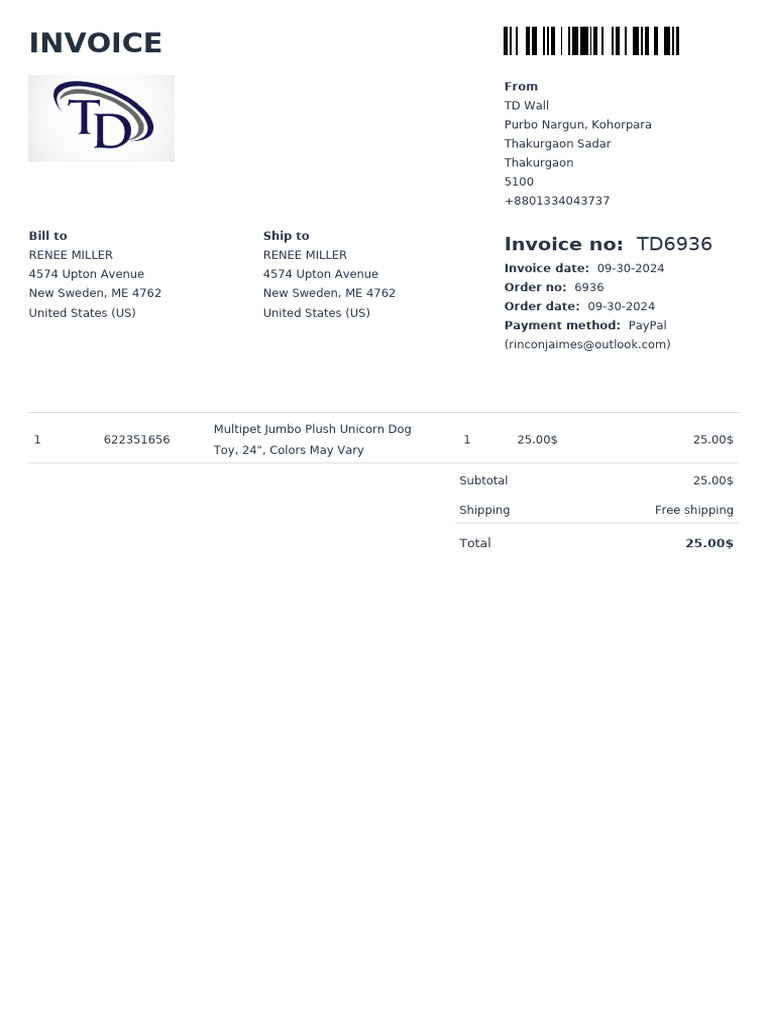 Invoice TD6936 for Dog Toy Purchase | PDF