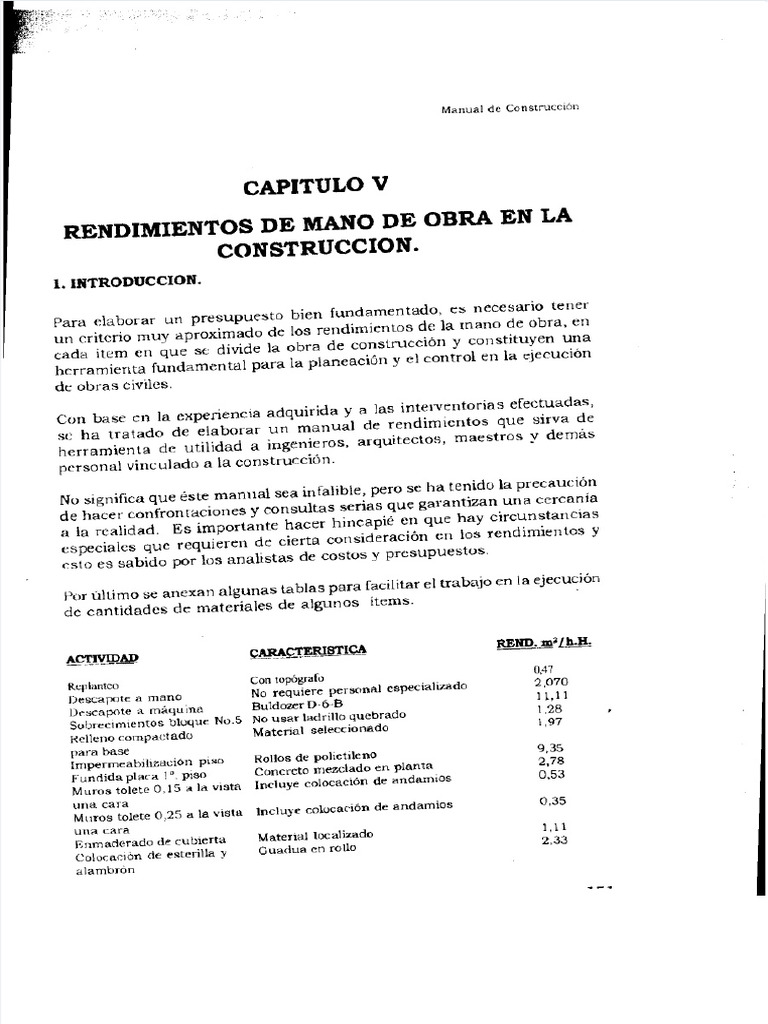 Dokumen - Tips - Rendimientos de Mano de Obra 1 | PDF | Materiales de construcción | Ingeniería ...