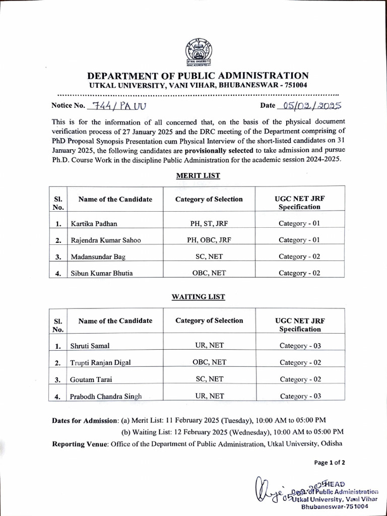 PHD Selection Notice of Public Administration For The Academic Session 2024 25 | PDF