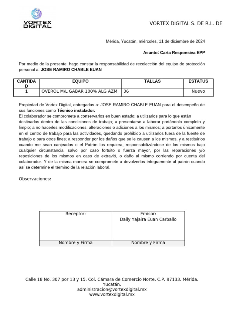 Carta Responsiva EPP_VD | PDF