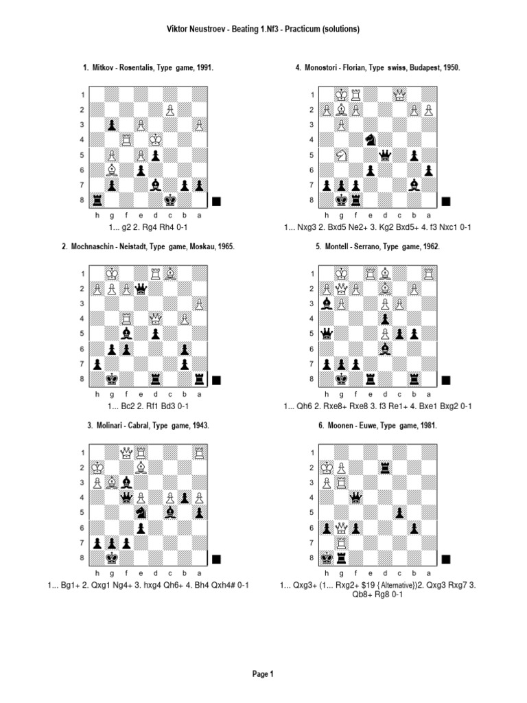 Viktor Neustroev - Beating 1.Nf3 - Practicum SOLUTIONS | PDF | Chess