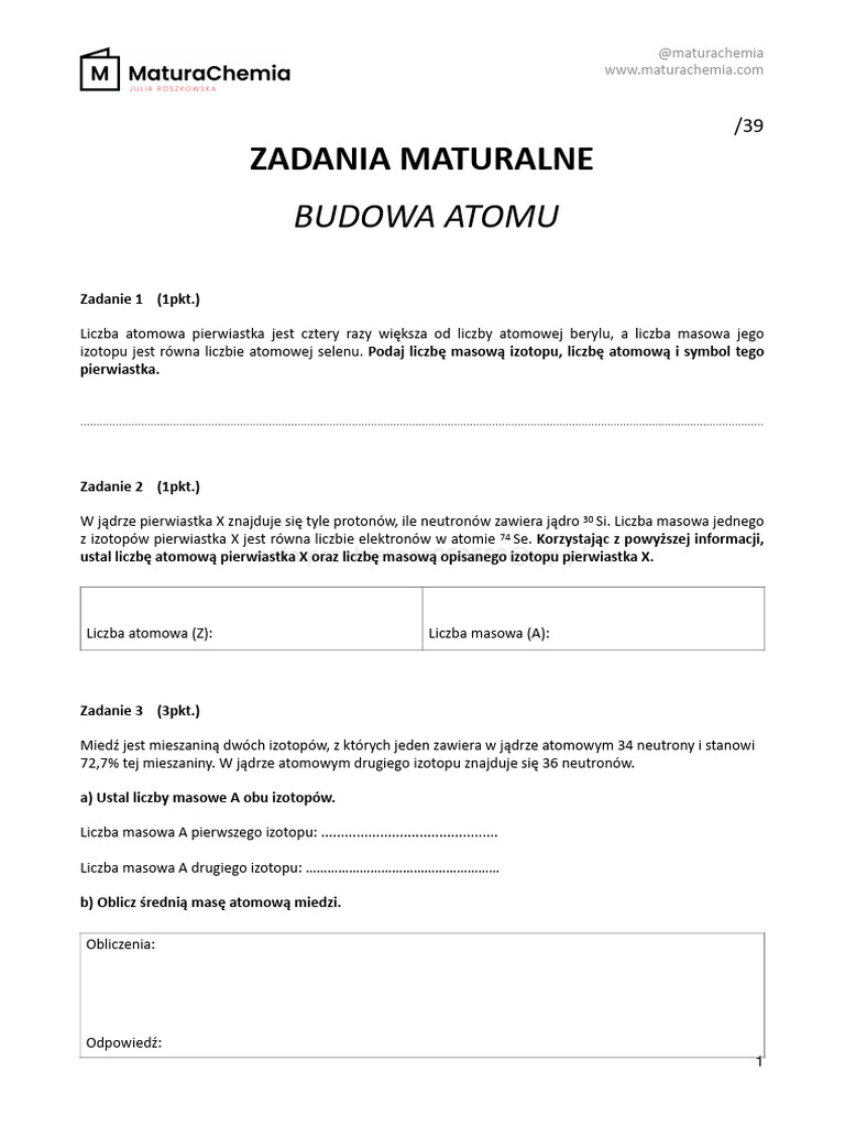 ZADANIA MATURALNE - Budowa Atomu 2024 25 | PDF