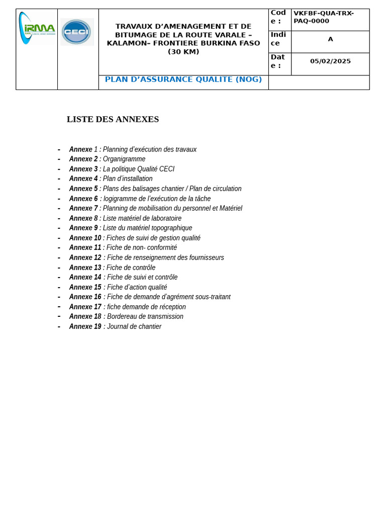 Annexes du Projet de Route Varale-Kalamon | PDF