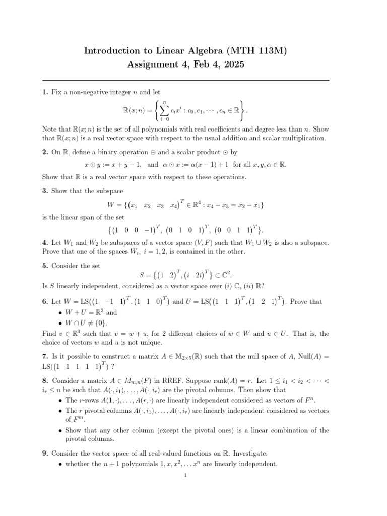 Assignment-4 MTH113 2025 | PDF | Vector Space | Linear Subspace