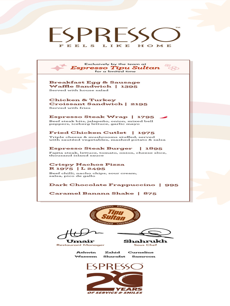 Espresso Tipu Sultan Menu | PDF | Hamburgers | Sauce
