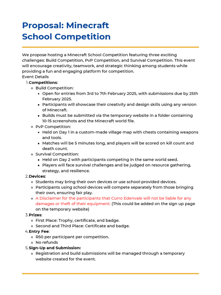 Proposal For Minecraft Comp | PDF | Minecraft