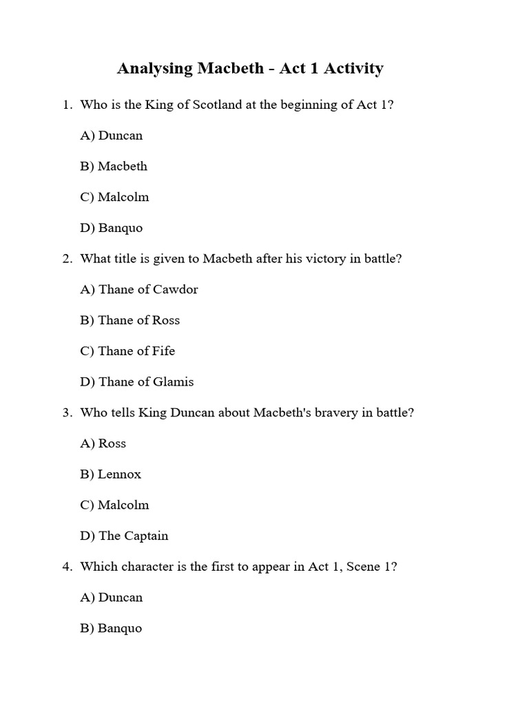 Macbeth Act 1 Analysis Quiz | PDF | Macbeth | Shakespearean Tragedies