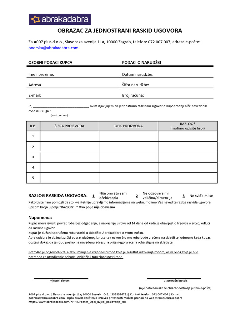 Obrazac Za Jednostrani Raskid Ugovora | PDF