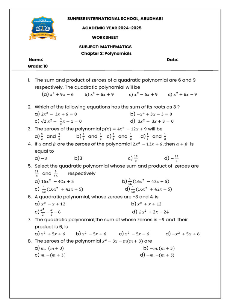 Gr 10 Math Ch.2 Polynomials Worksheet | PDF | Zero Of A Function ... Gr 10 Math Ch.2 Polynomials Worksheet | PDF | Zero Of A Function ...