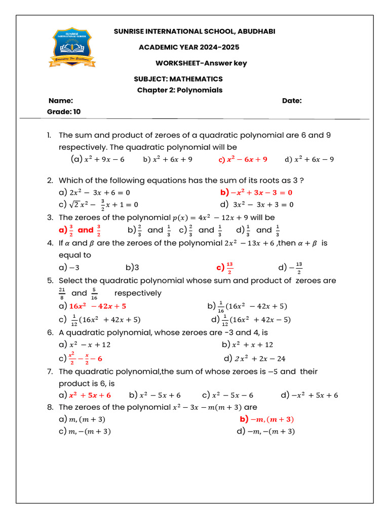 GR 10 Math Ch.2 Polynomials Worksheet Answer Key | PDF | Zero Of A ...