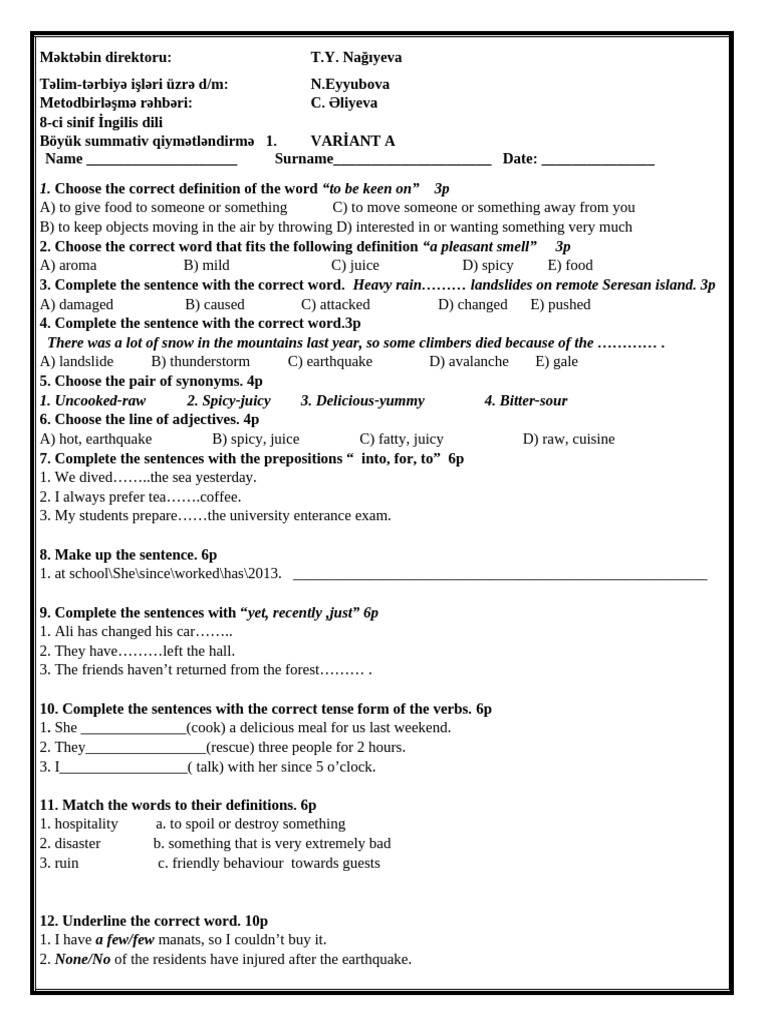 8-Ci Sinif Ingilis Dili BSQ 1 2025 Var a by Cevahir a.A | PDF | Pollination | Trees