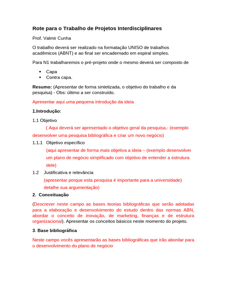Roteiro para o Trabalho de Projeto Integrador | PDF