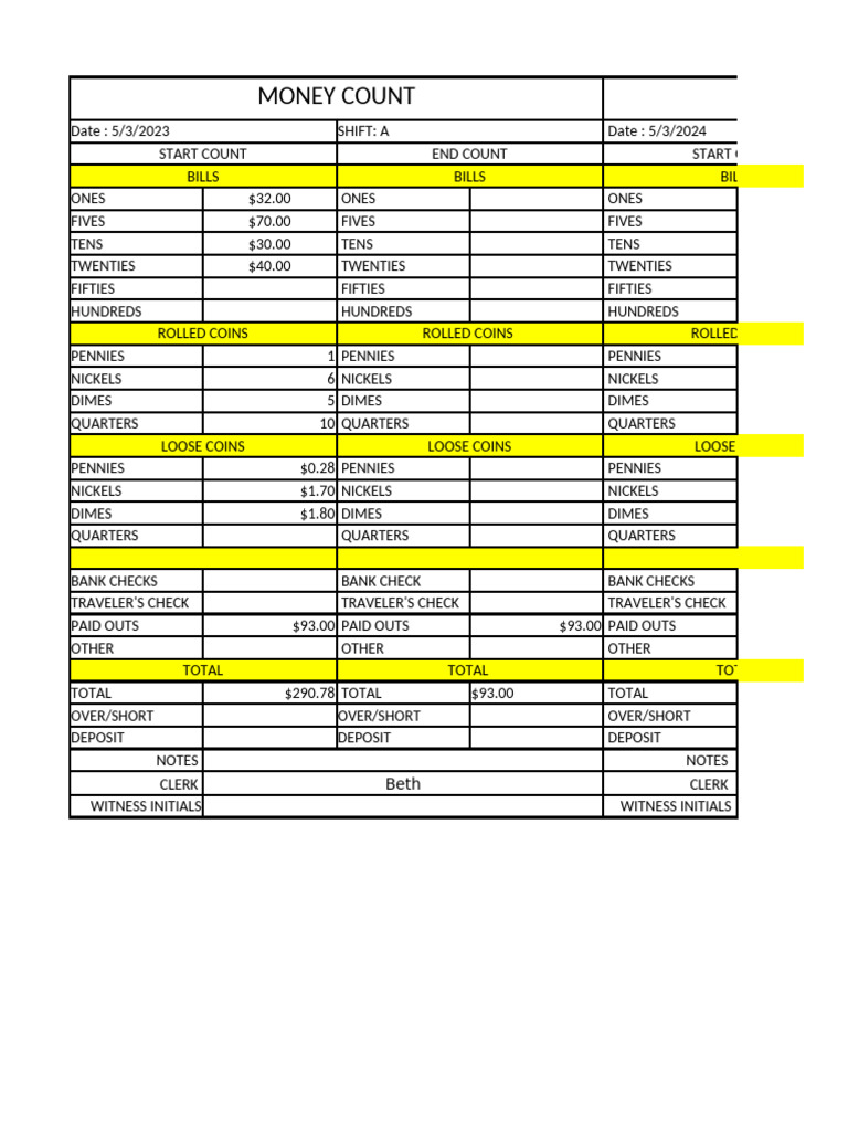 CASH DRAWER COUNT LOG | PDF | Nickel (United States Coin) | Coins