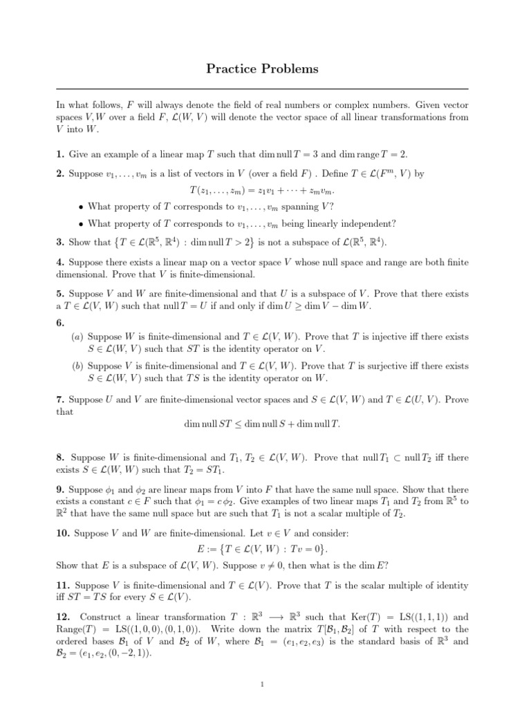 MTH113 - Exercise - Problems 1 | PDF | Linear Map | Linear Subspace