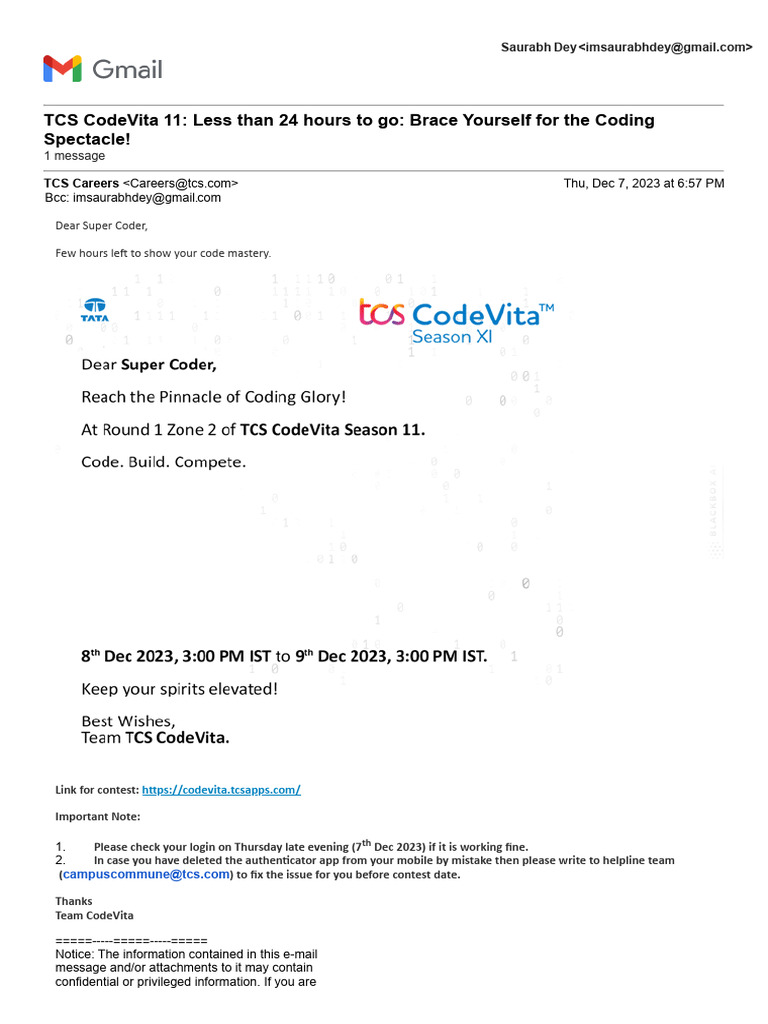 Gmail - TCS CodeVita 11 - Less Than 24 Hours To Go - Brace Yourself For The Coding Spectacle! | PDF