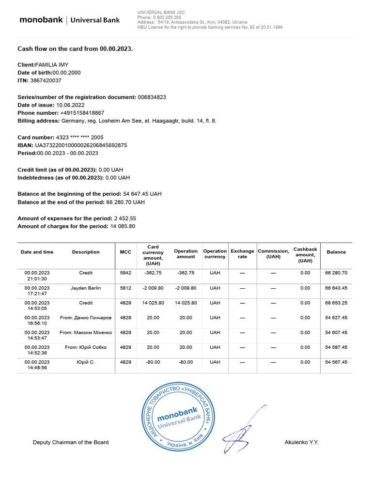 Monobank Statement for Familia Imy | PDF | Banking | Money