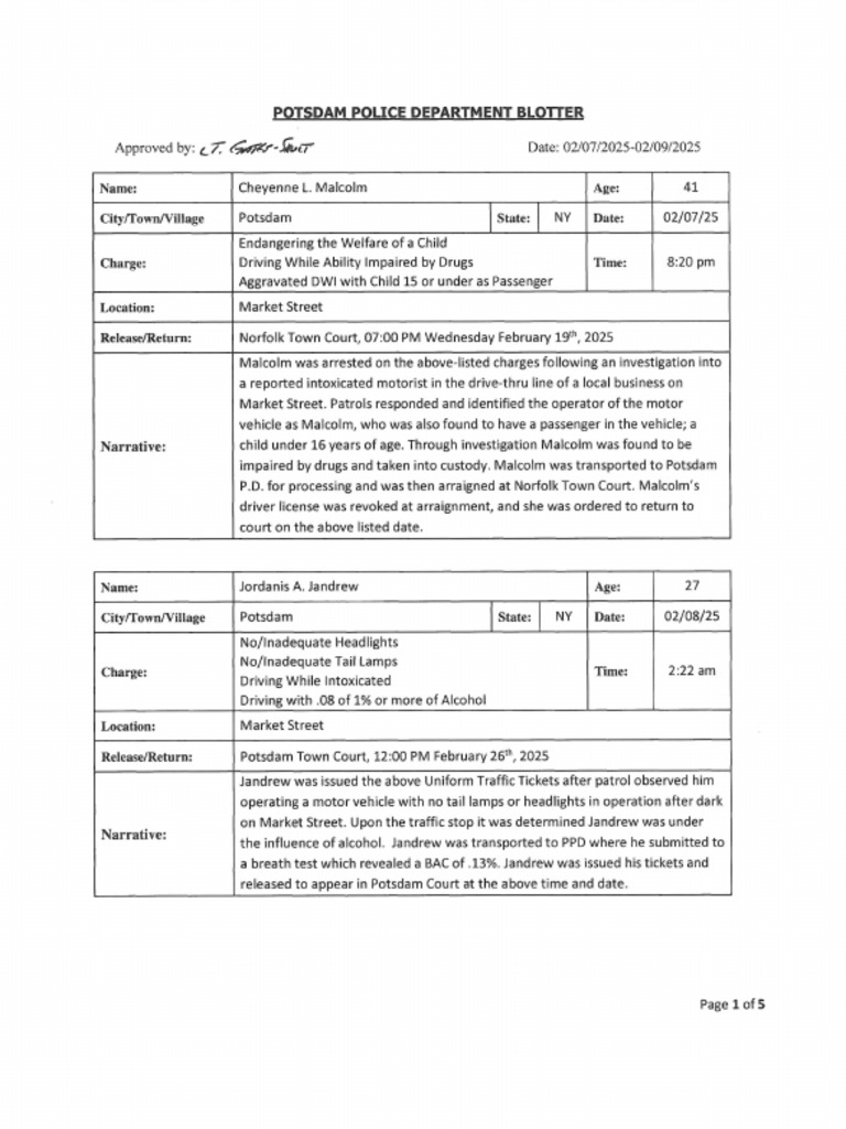 Potsdam Village Police Dept. Blotter Feb. 9, 2025 | PDF