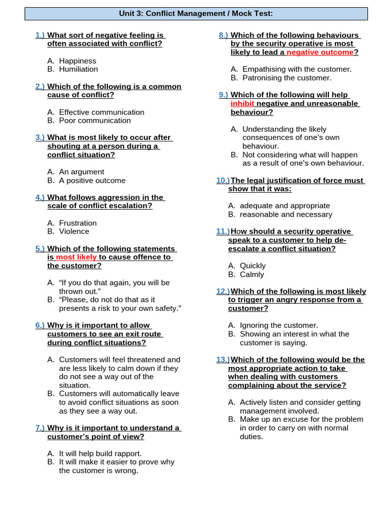 Conflict Management Mock Test Questions | PDF | Violence | Aggression