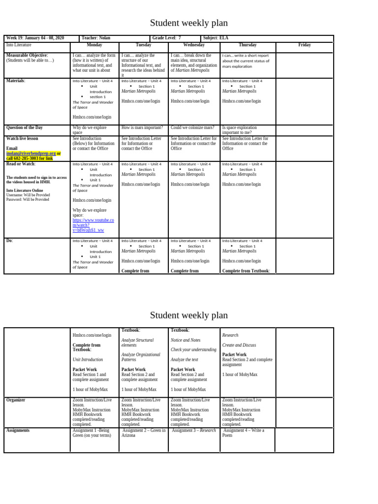 7th Grade ELA Weekly Plan: Space Exploration | PDF | Mars | Jet ...