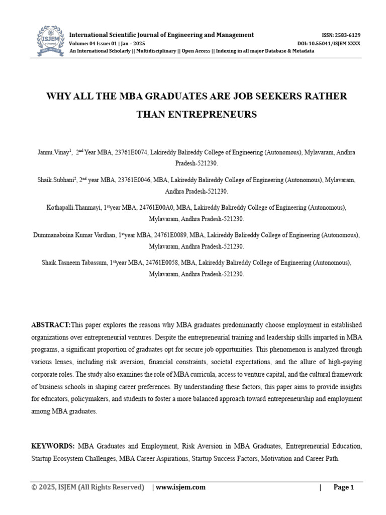 MBA Graduates: Job Seekers vs. Entrepreneurs | PDF | Entrepreneurship ...