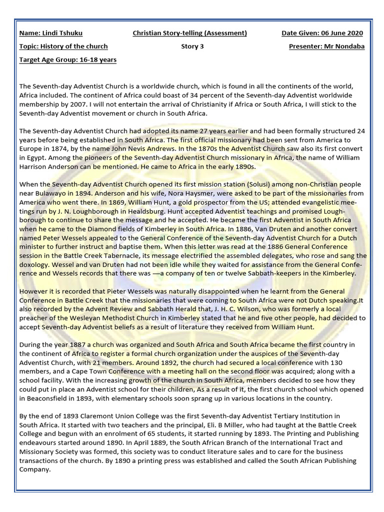 Christian Story-Telling Assignment Story 3 | PDF | Seventh Day Adventist Church | South Africa