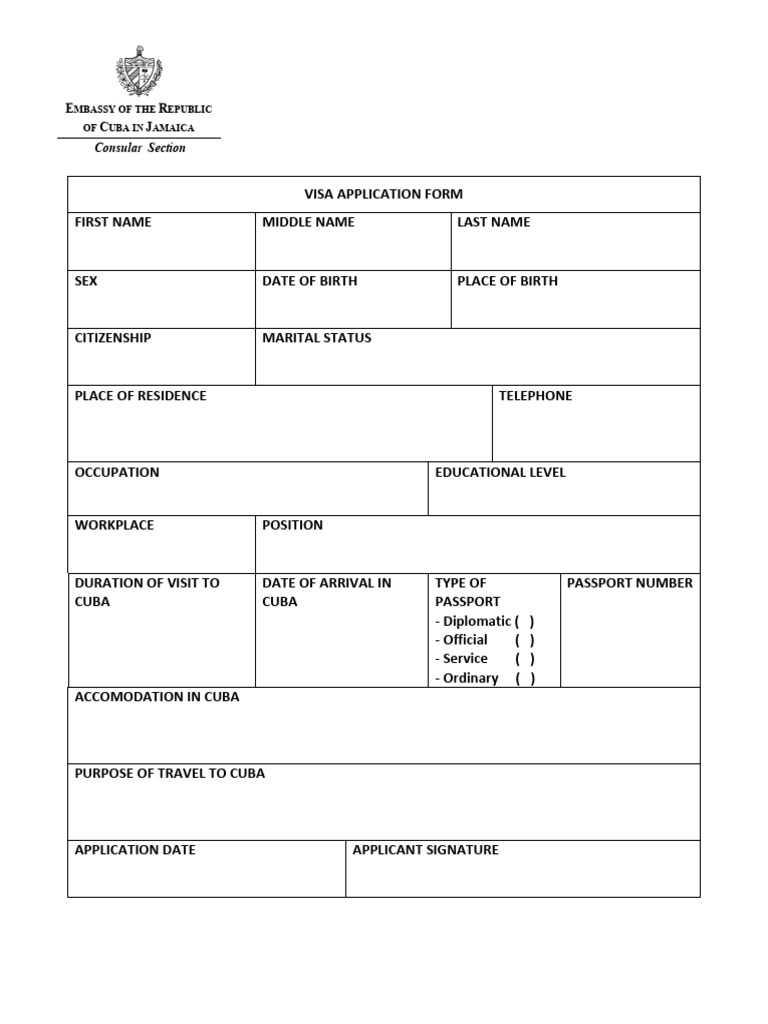 Cuba Visa Application Form | PDF