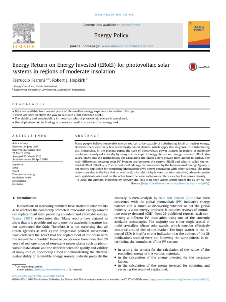 Energy Return on Energy Invested (ERoEI) for Photovoltaic Solar Systems ...