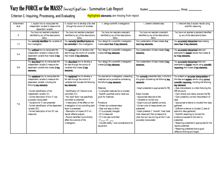 3_Acceleration__force_and_mass_Investigation_Rubric_SA (1) | PDF ...
