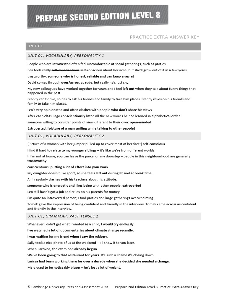 Prepare 8 Practice Extra Answer Key | PDF | Extraversion And Introversion