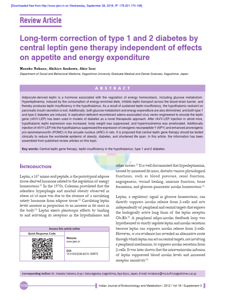 Long-term Correction of Type 1 and 2 Diabetes by c | PDF | Leptin ...