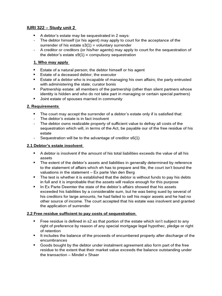 Study unit notes | PDF | Bankruptcy | Business Law