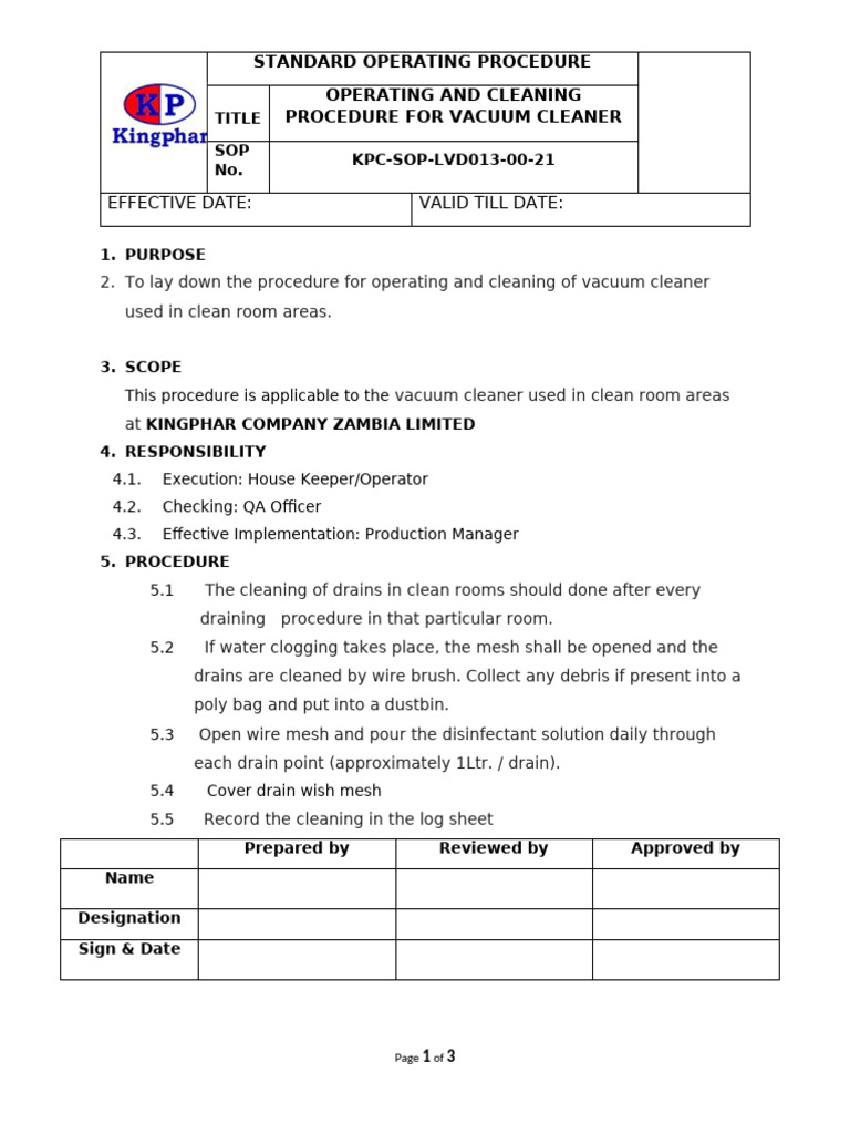 LVD-013 Procedure For Operating Andcleaning of Vacuum Cleaner | PDF