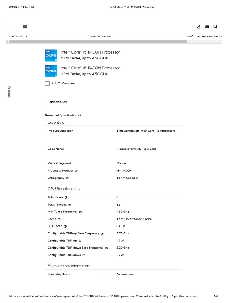 Intel® Core™ I5-11400h Processor | PDF | Computer Architecture ...