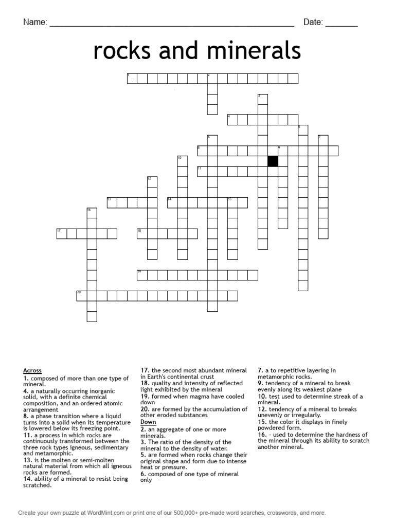 Rocks and Minerals Crossword Puzzle | PDF | Rock (Geology) | Minerals