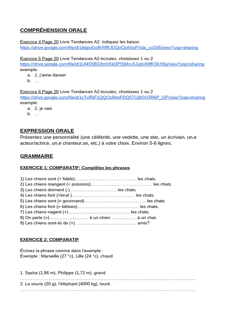 Exercices de français A2: compréhension et expression | PDF