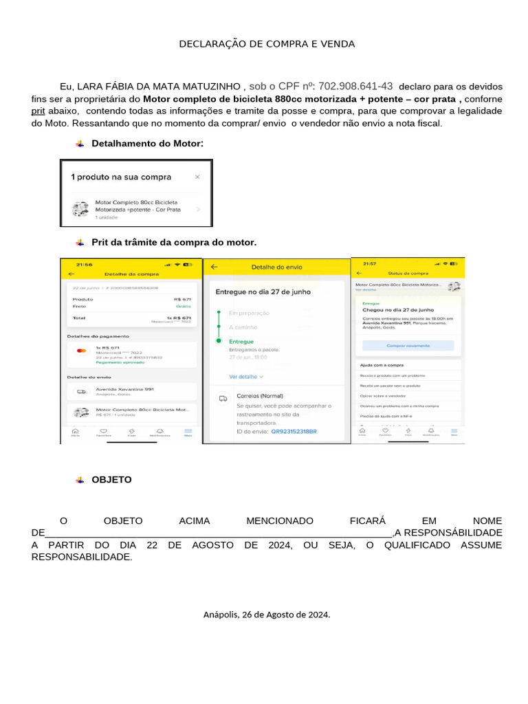 Declaração de Compra e Venda Lara Fabia | PDF