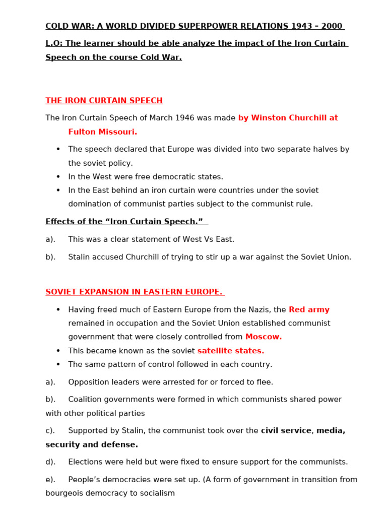 Development of Col War ( The Iron Curtain speech, Soviet Expansion and ...