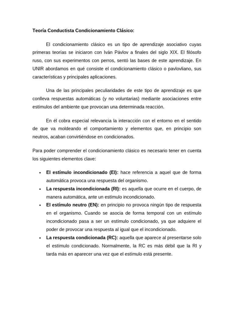 Teoría Conductista Condicionamiento Clásico | PDF | Condicionamiento ...
