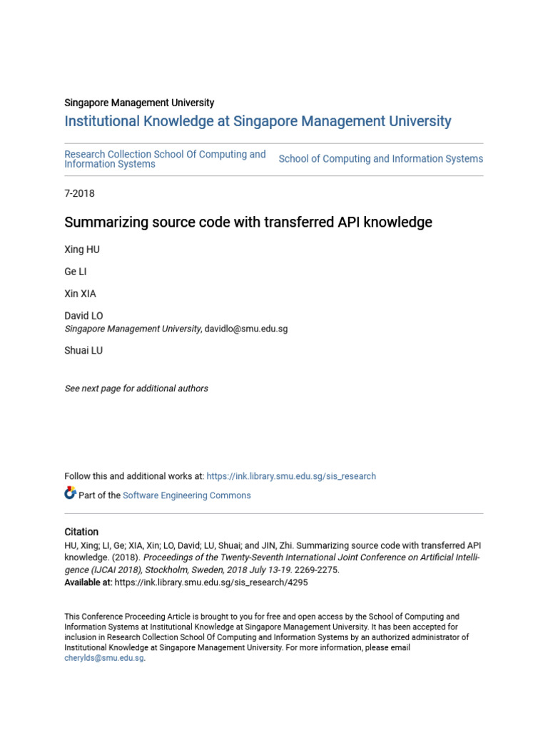SP-Summarizing Source Code With Transferred API Knowledge | PDF | Deep Learning | Software ...